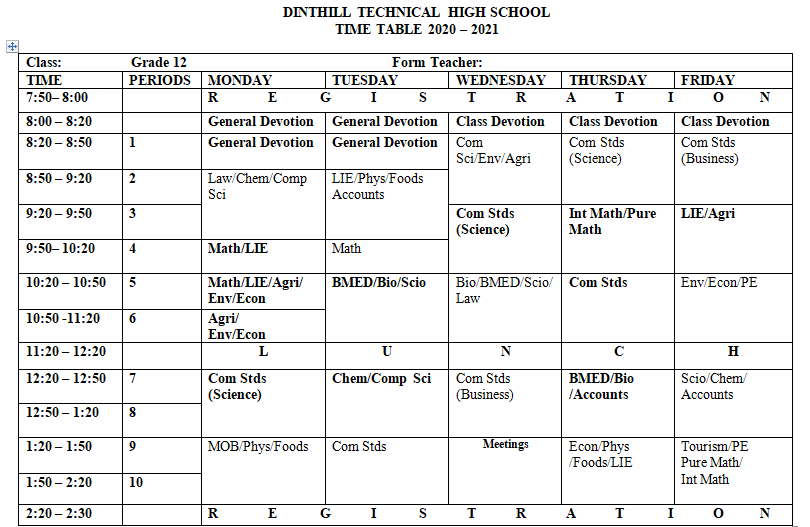 GRADES 12 AND 13 TIME TABLES ACADEMIC YEAR 2020 TO 2021 Dinthill GRADES 12 AND 13 TIME TABLES ACADEMIC YEAR 2020 TO 2021 Dinthill